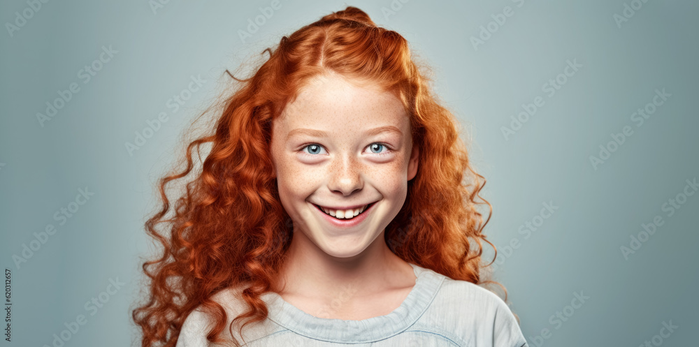 Smiling small ginger red curly hair girl with freckles. She looks cute ...