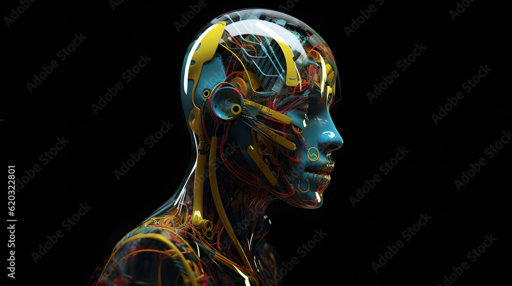Techno Elegance: A Realistic Robotic Man Bathed in Yellow, Red, Blue ...