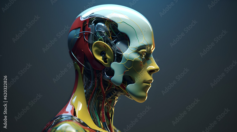Techno Elegance: A Realistic Robotic Man Bathed in Yellow, Red, Blue ...