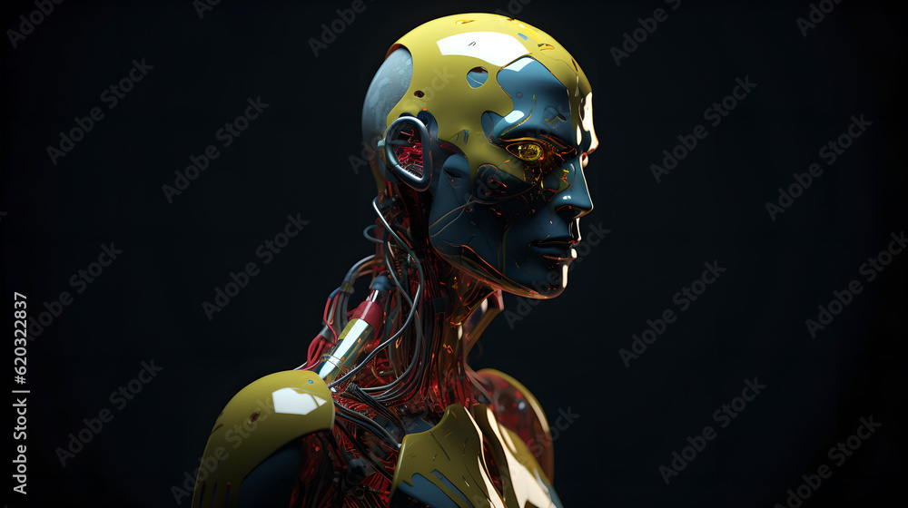 Techno Elegance: A Realistic Robotic Man Bathed in Yellow, Red, Blue ...