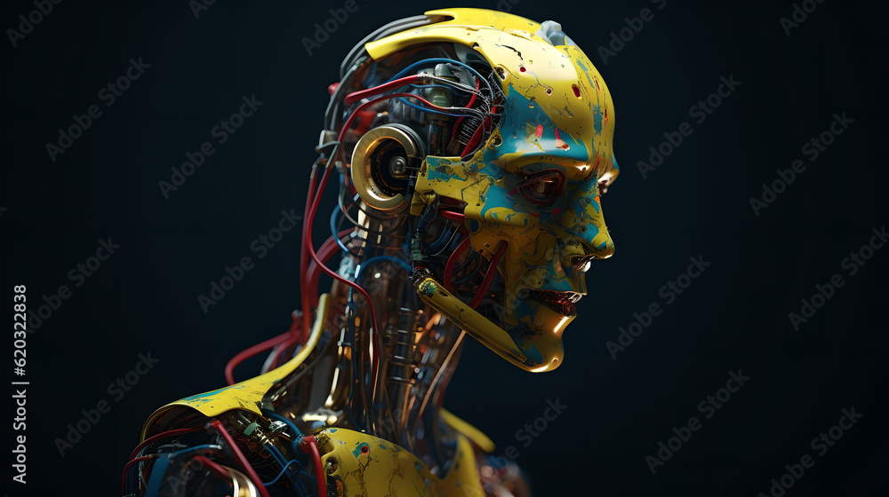 Techno Elegance: A Realistic Robotic Man Bathed in Yellow, Red, Blue ...
