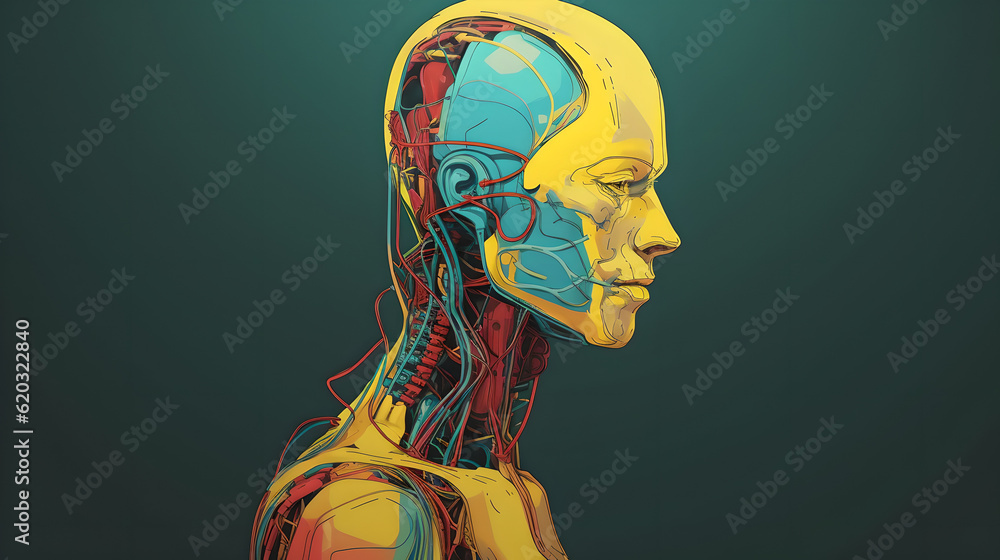 Techno Elegance: A Realistic Robotic Man Bathed in Yellow, Red, Blue ...