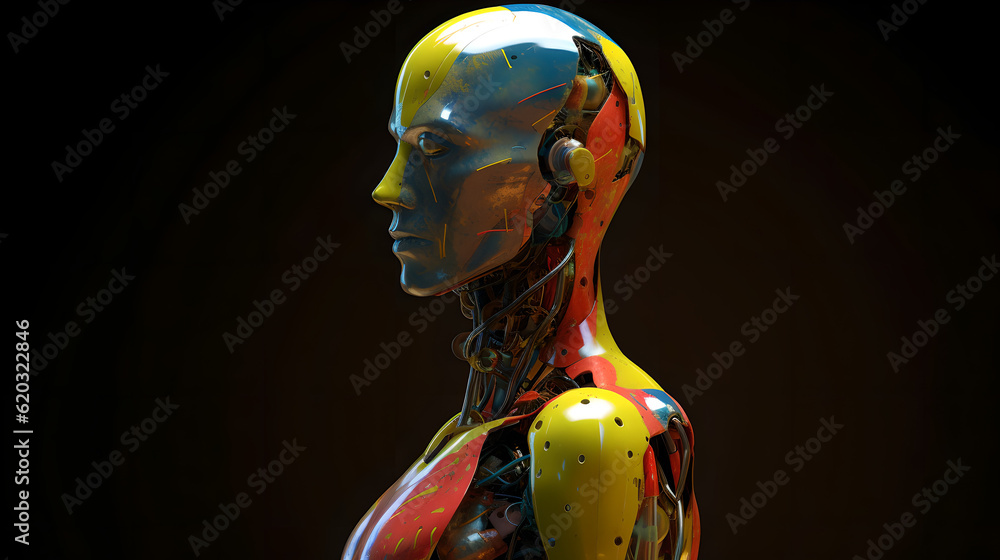 Techno Elegance: A Realistic Robotic Man Bathed in Yellow, Red, Blue ...