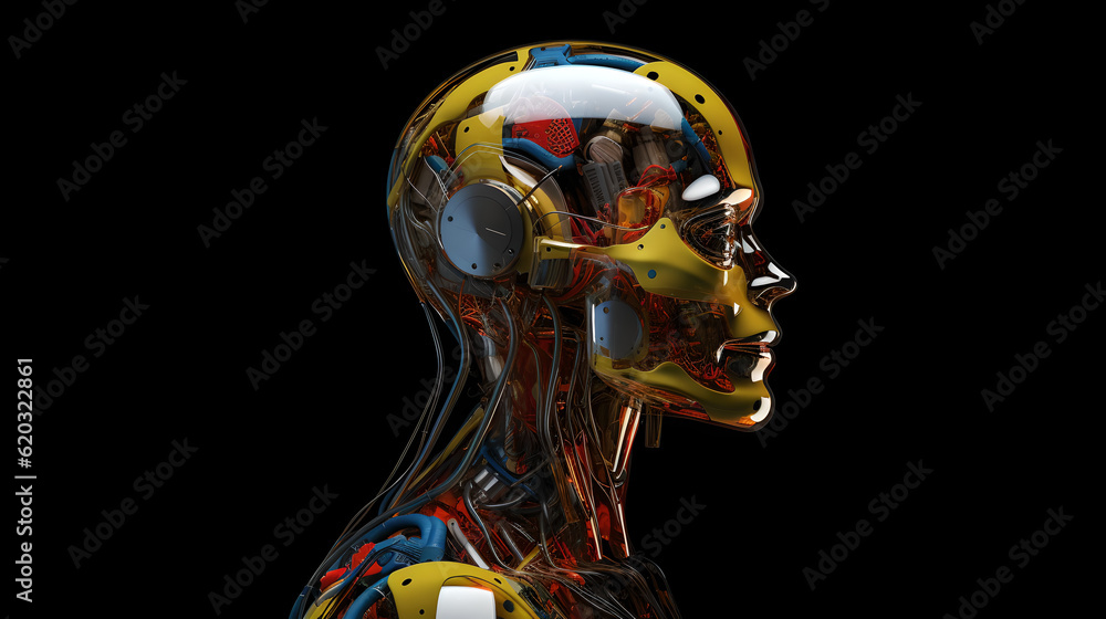 Techno Elegance: A Realistic Robotic Man Bathed in Yellow, Red, Blue ...