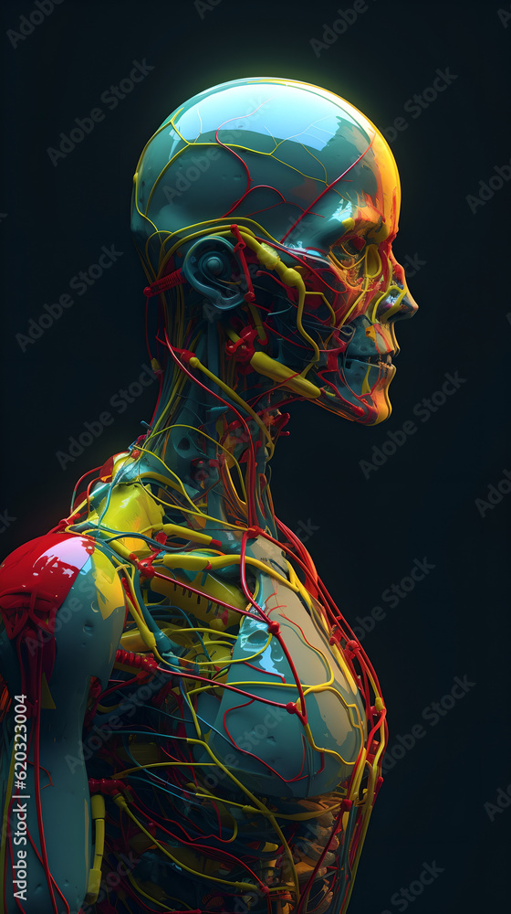 Techno Elegance: A Realistic Robotic Man Bathed in Yellow, Red, Blue ...