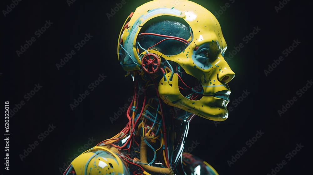 Techno Elegance: A Realistic Robotic Man Bathed in Yellow, Red, Blue ...