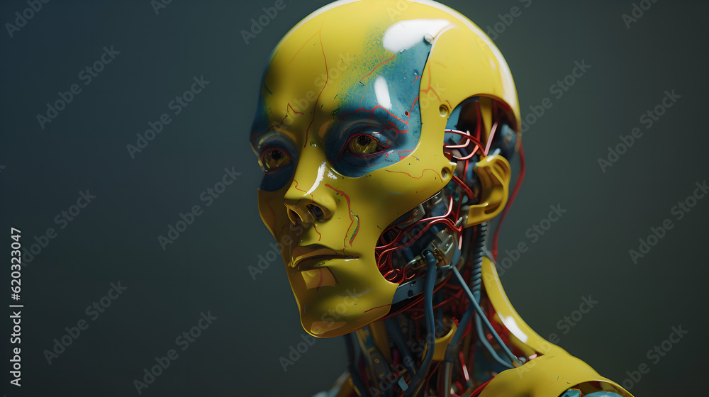 Techno Elegance: A Realistic Robotic Man Bathed in Yellow, Red, Blue ...