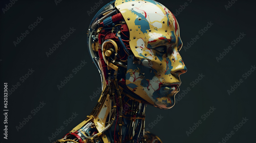 Techno Elegance: A Realistic Robotic Man Bathed in Yellow, Red, Blue ...