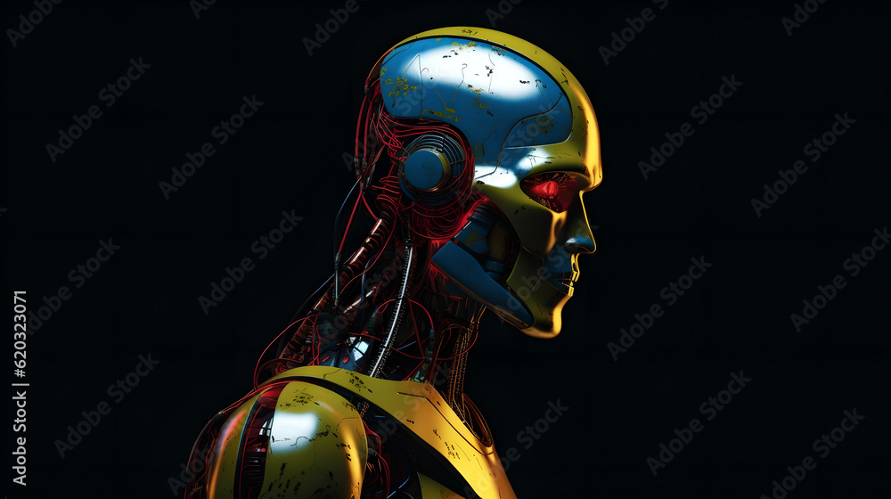 Techno Elegance: A Realistic Robotic Man Bathed in Yellow, Red, Blue ...