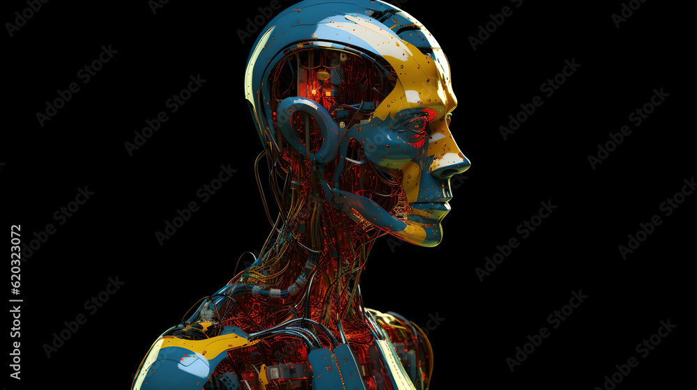 Techno Elegance: A Realistic Robotic Man Bathed in Yellow, Red, Blue ...