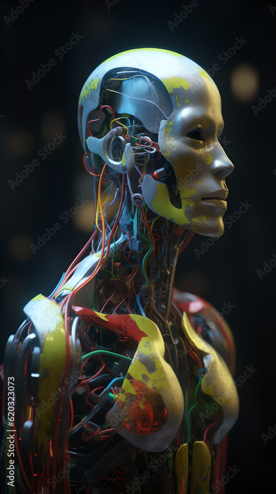 Techno Elegance: A Realistic Robotic Man Bathed in Yellow, Red, Blue ...