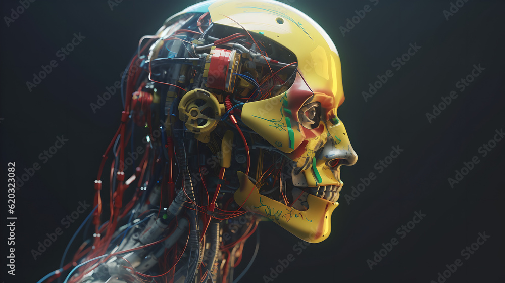 Techno Elegance: A Realistic Robotic Man Bathed in Yellow, Red, Blue ...