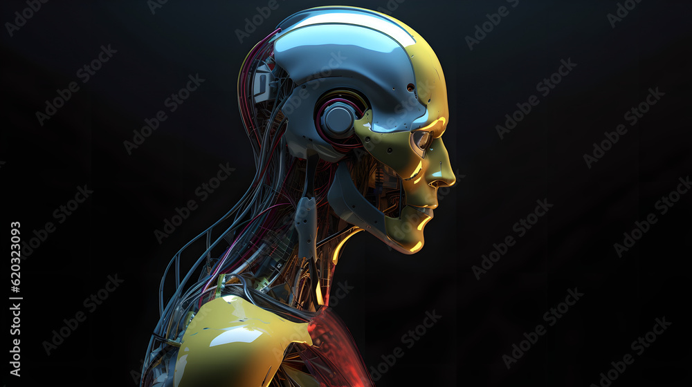 Techno Elegance: A Realistic Robotic Man Bathed in Yellow, Red, Blue ...