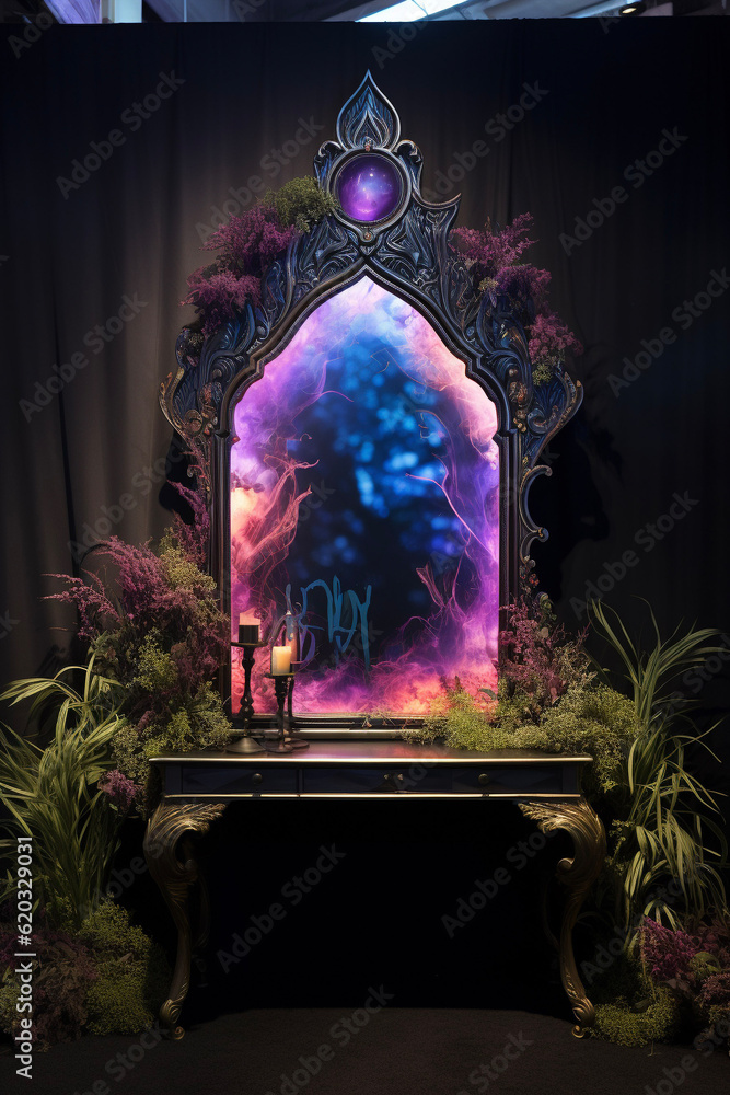 Abstract surreal infinite mirror vanity altar in nature with plants and ...