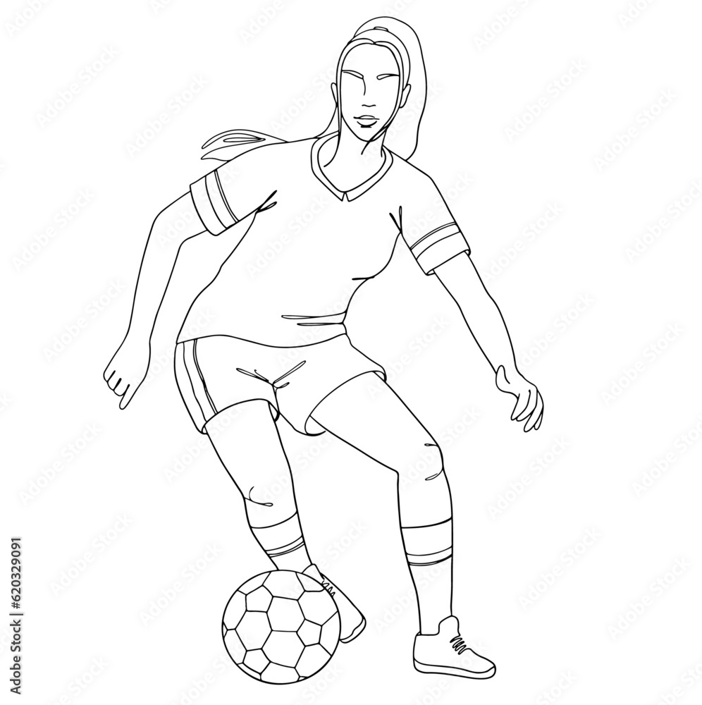 Football player woman kicking the ball outline vector illustraion ...