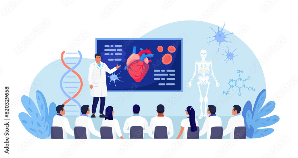 Medical conference, education. Students study research in cardiology ...