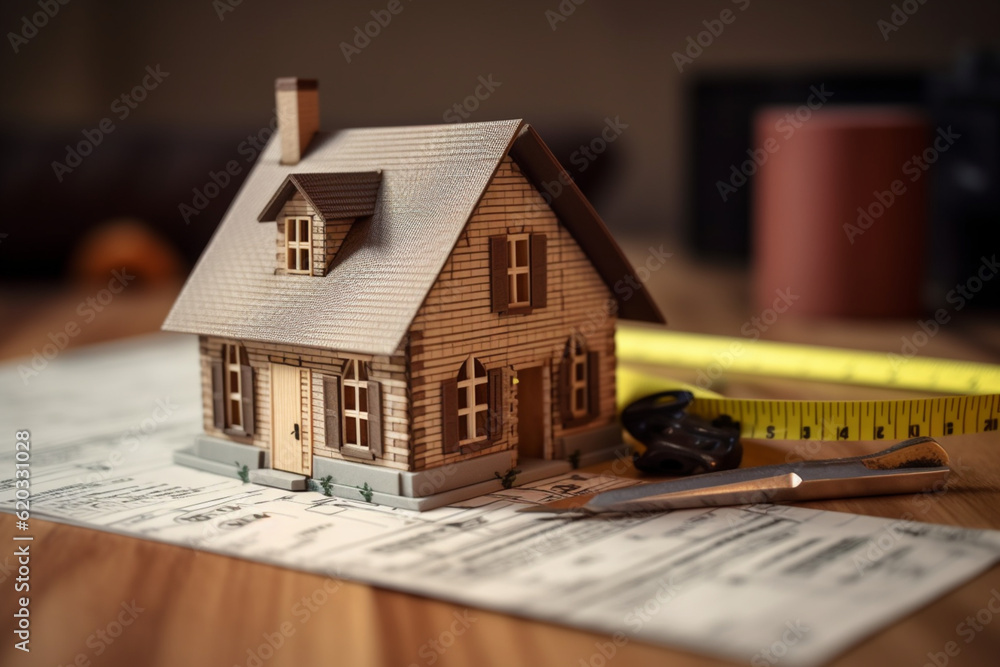 Construction design, Cardboard house, blueprint, key, tape measure ...