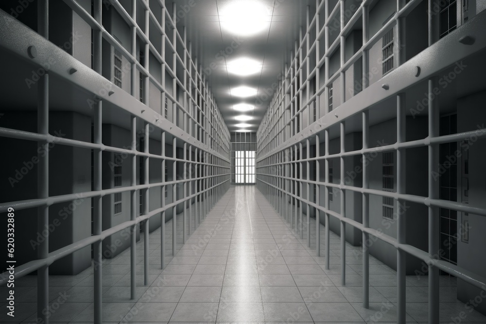 Modern prison, background. Long bright corridor with bars. AI generated ...