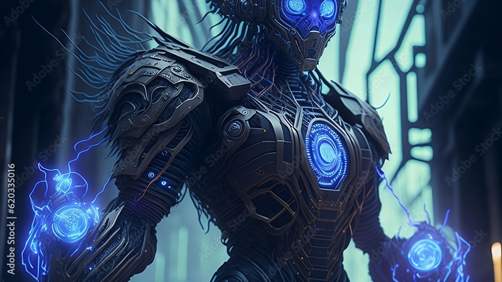 Enigmatic Humanoid Android Glowing Eyes Metallic Exoskeleton Intricate Circuitry Ethereal Aura ...