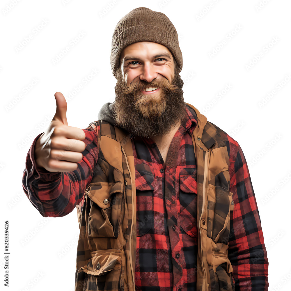 Lumberjack with hat, beard, vest and flannel shirt smiling thums up ...