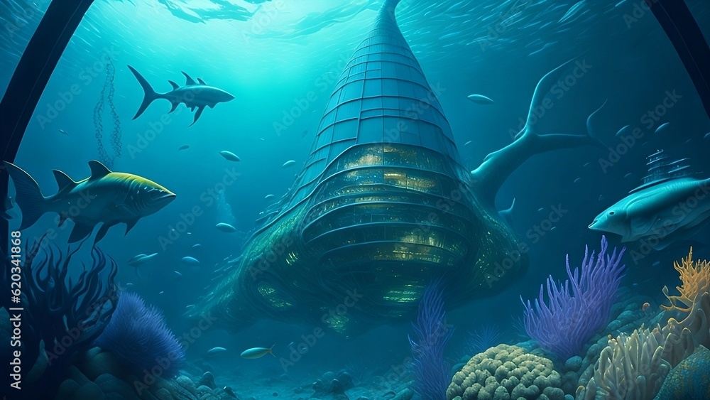 Futuristic Underwater City Bio-luminescent Sea Creatures Glass Domes ...