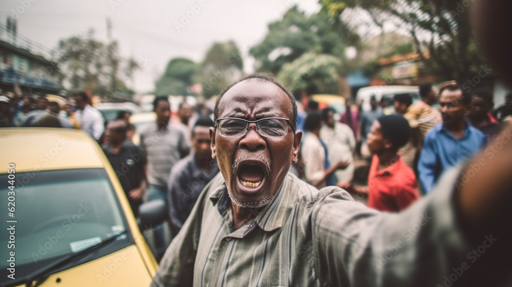 aggressive furious stunned adult mature man, open mouth, shouting or ...