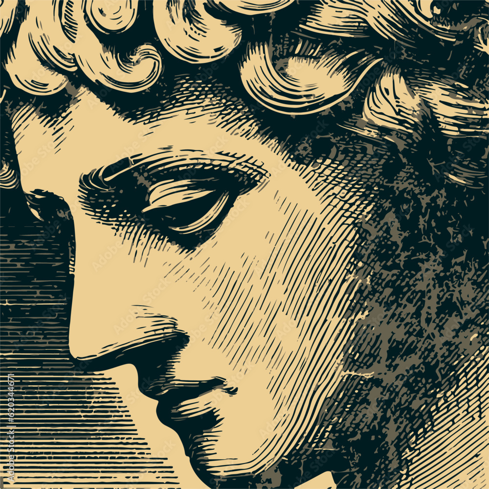 Brutalist style engraved poster featuring an antique head. Vector line ...