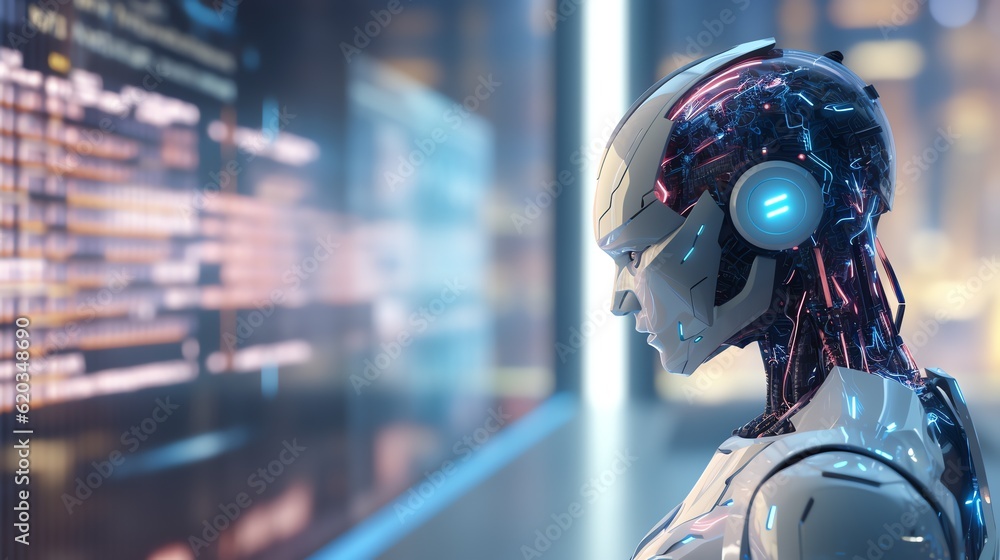 Artificial intelligence robot looking at a computer. AI chatbot banner ...