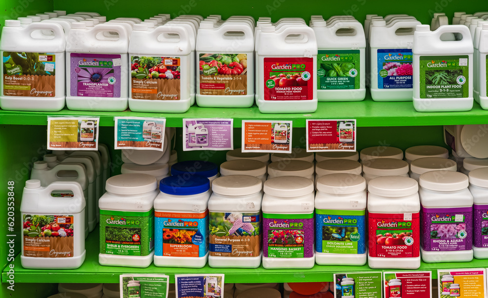 Local garden center with stacks of natural and synthetic multinutrient ...