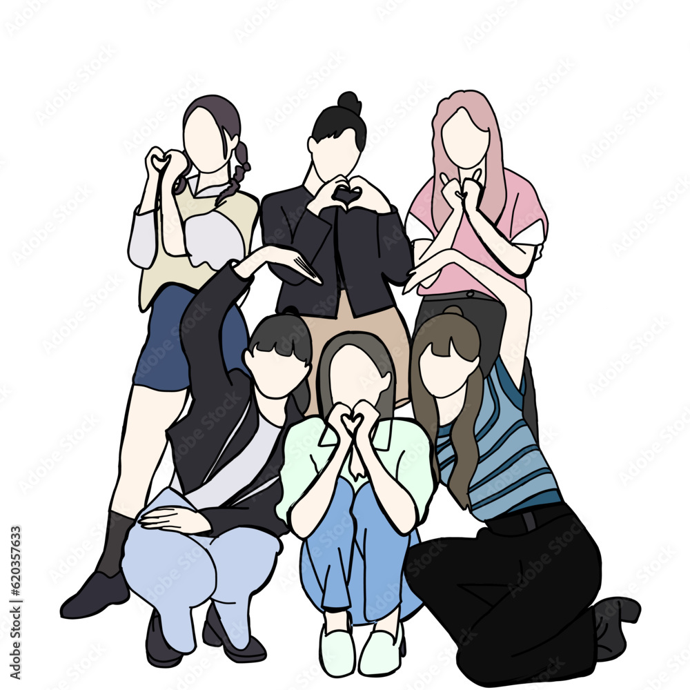 Vector illustration of six-member kpop idol girl group with girls crush ...