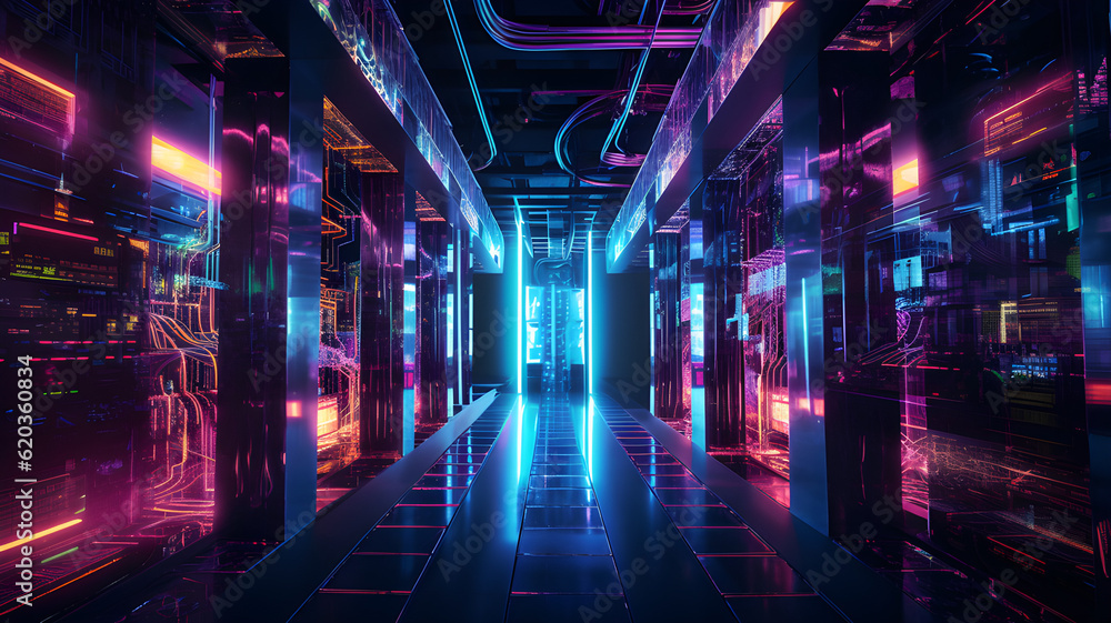 Data Center With Server Racks 3d Concept Illustration Of Information Technology Cyber Network