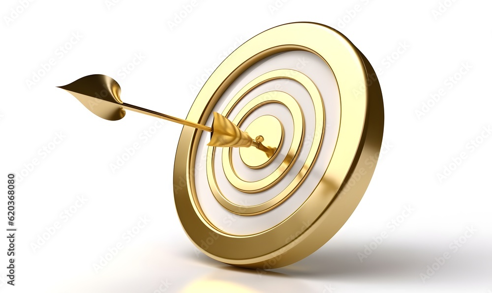 Golden arrow aim to dartboard target or goal of success isolated on ...