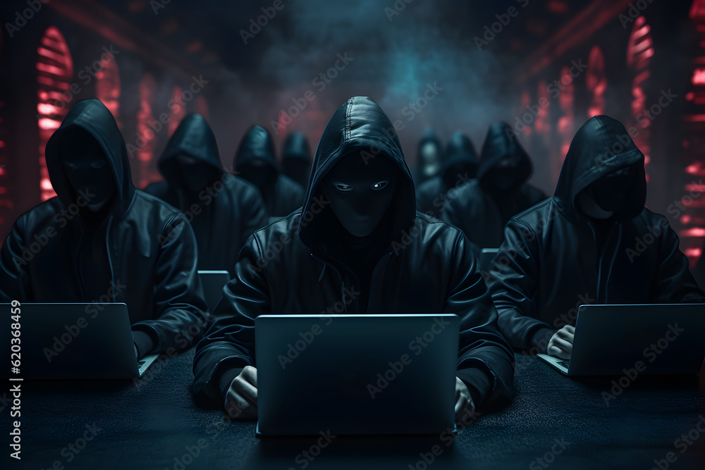 Hackers with hoodies typing laptops. Hacker group, organization or ...