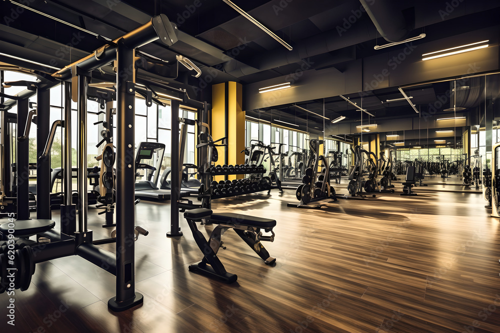 Modern gym interior with sports equipment, fitness equipment, fitness ...