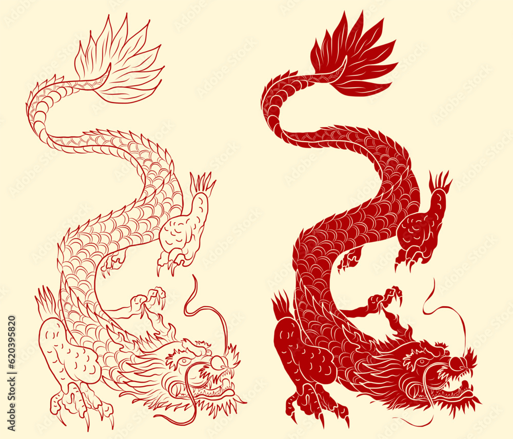 Japanese red dragon tattoo.Dragon on red background for Chinese New ...