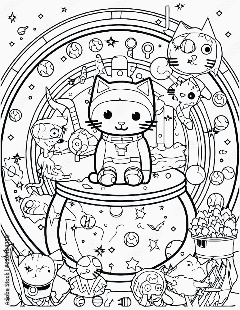 Cute space cats coloring page for kids, Alien cat pirate in a spaceship ...