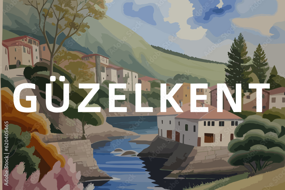 Beautiful watercolor painting of a Turkish scene with the name ...