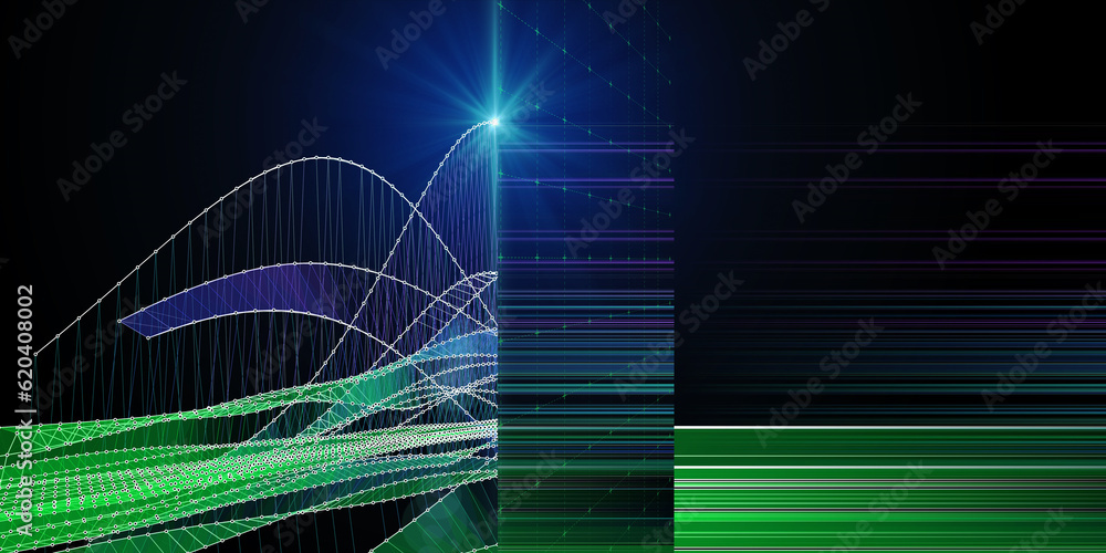 Abstract background graph wavy grid with spot and blurred lines on dark. Technology wireframe ...