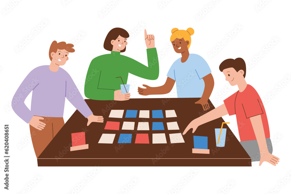 Friends playing board game with cards. Teams guess code words ...