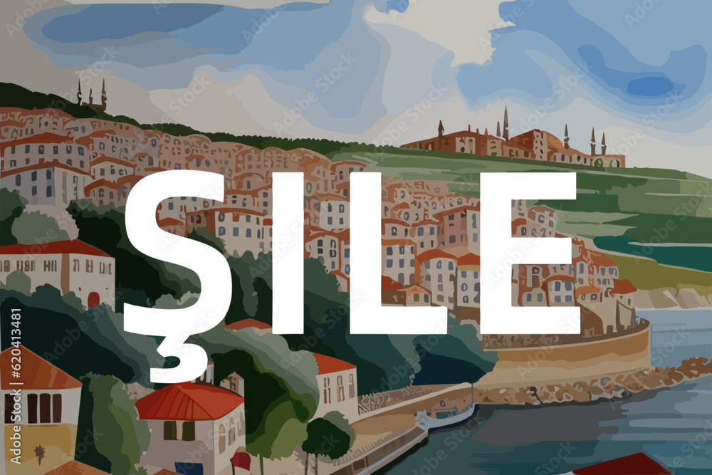 Beautiful watercolor painting of a Turkish scene with the name Şile in ...