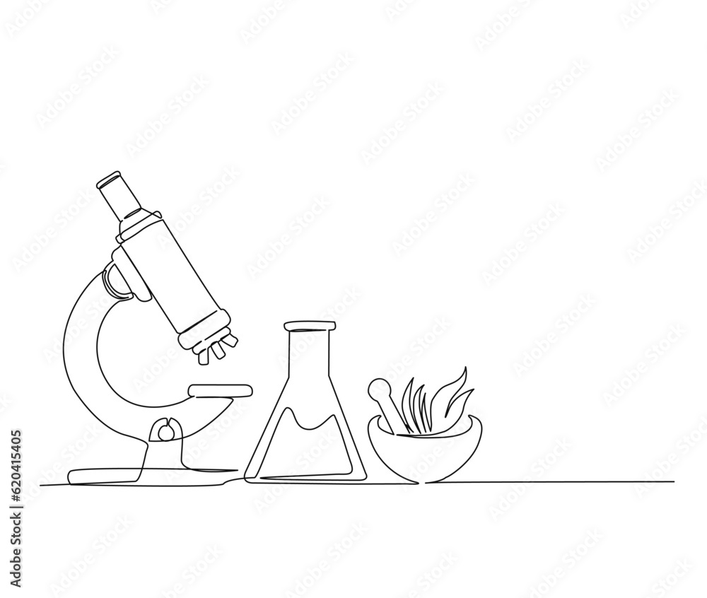Continuous one line drawing of microscope and mortar. Simple ...