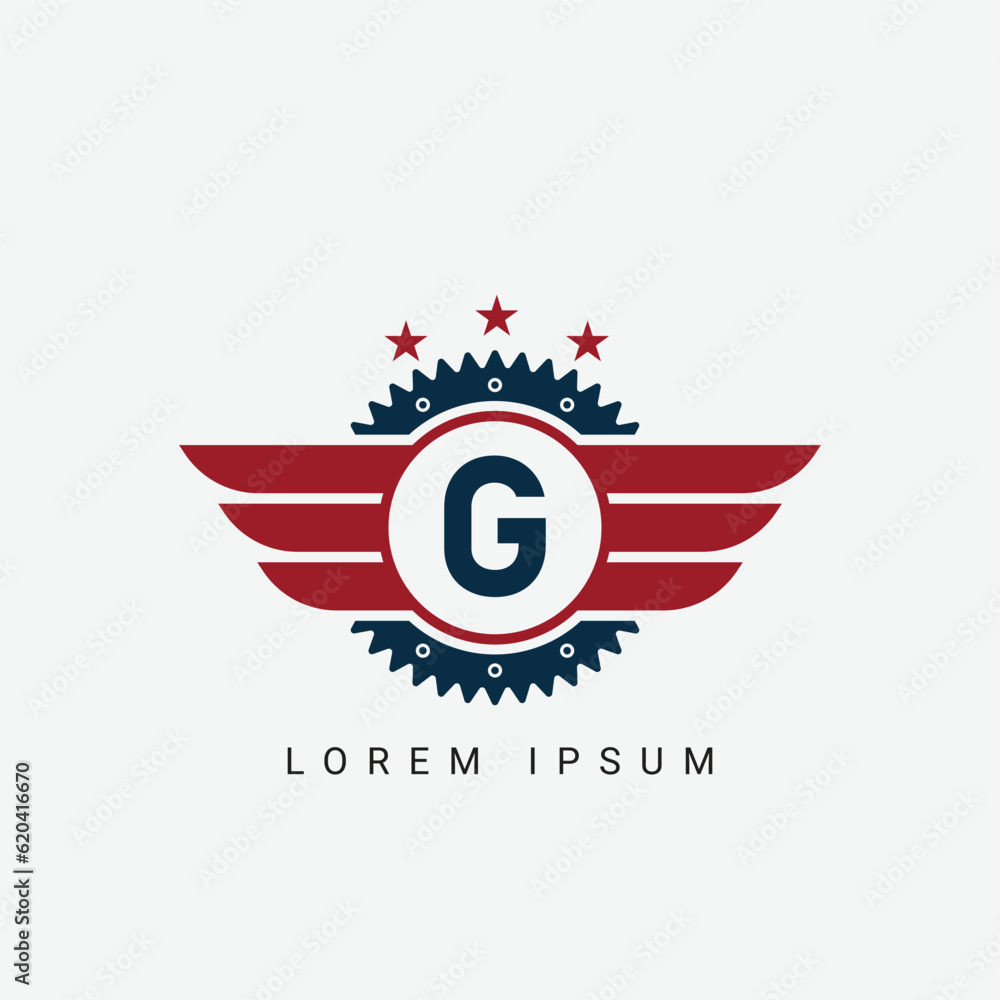 Alphabet letter G logo mechanical circle shape concept with wings ...