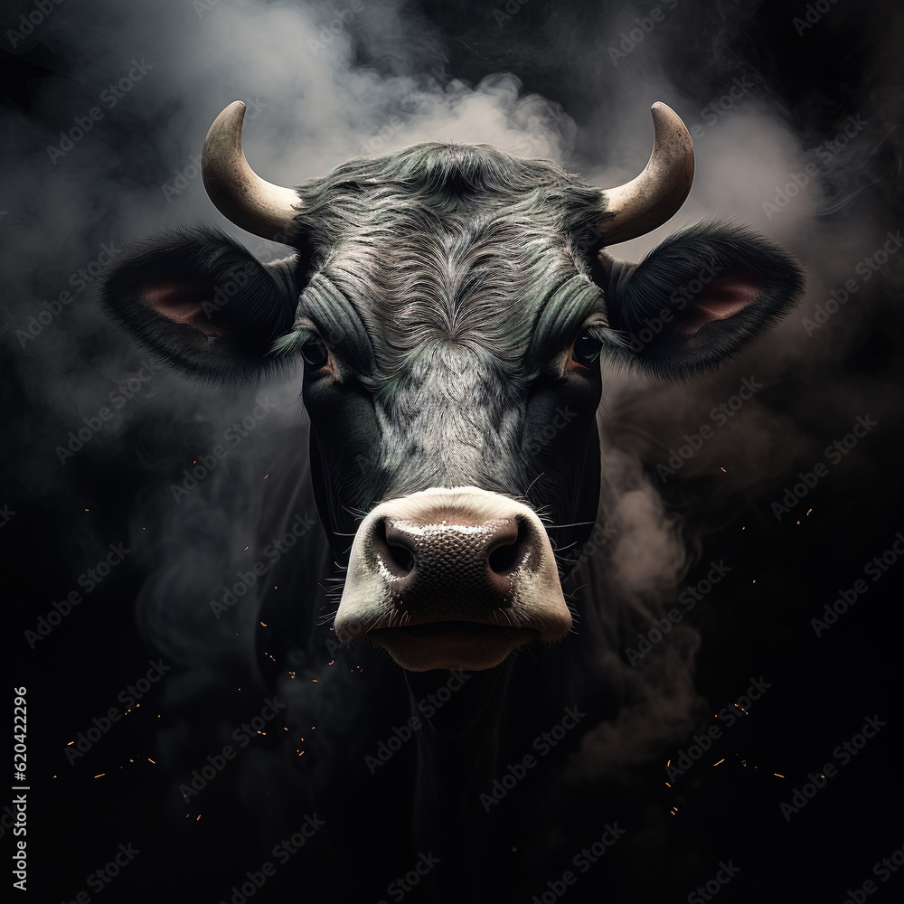 Image of a cow face with fire smoke on black background. Farm animals ...