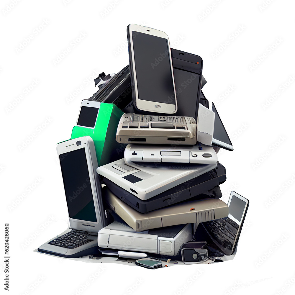 Heap of recyclable electronic waste (E-waste) on transparent background ...