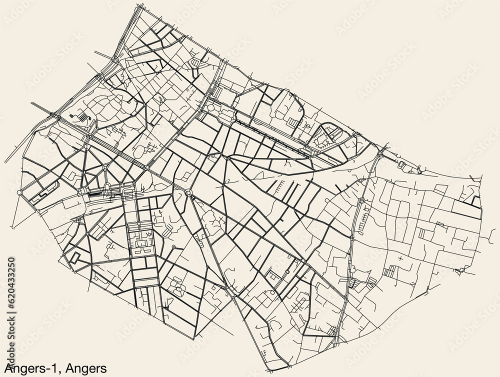 Detailed hand-drawn navigational urban street roads map of the ANGERS-1 ...