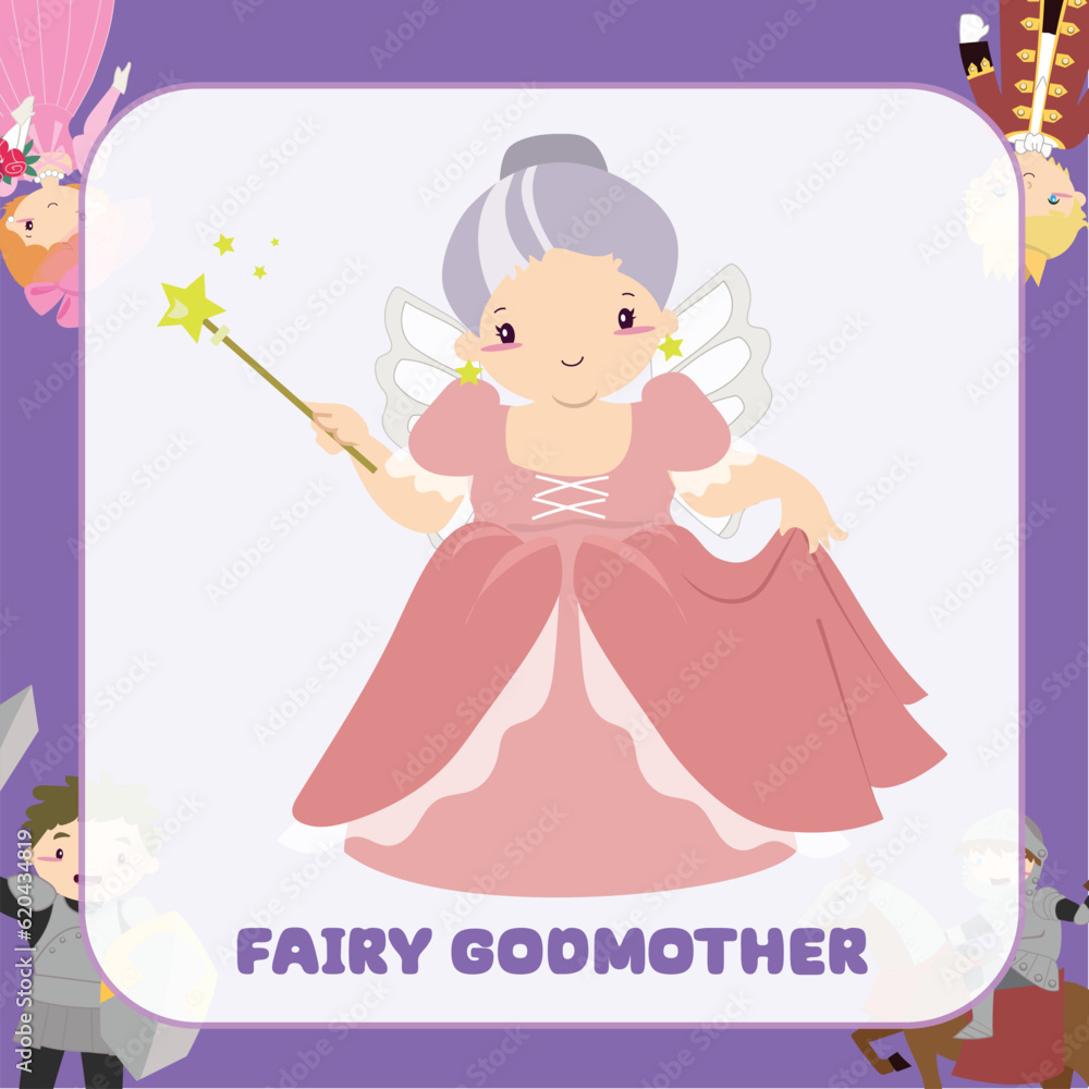 Vector fairy tale kingdom flashcard of fairy godmother. Medieval ...