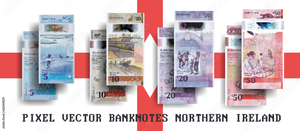 Vector pixel mosaic set of Northern Ireland banknotes. Plastic bills in ...