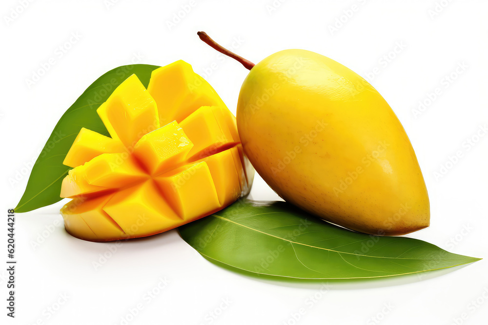 Ripe yellow Mango with cut in half and green leaf isolated on white ...