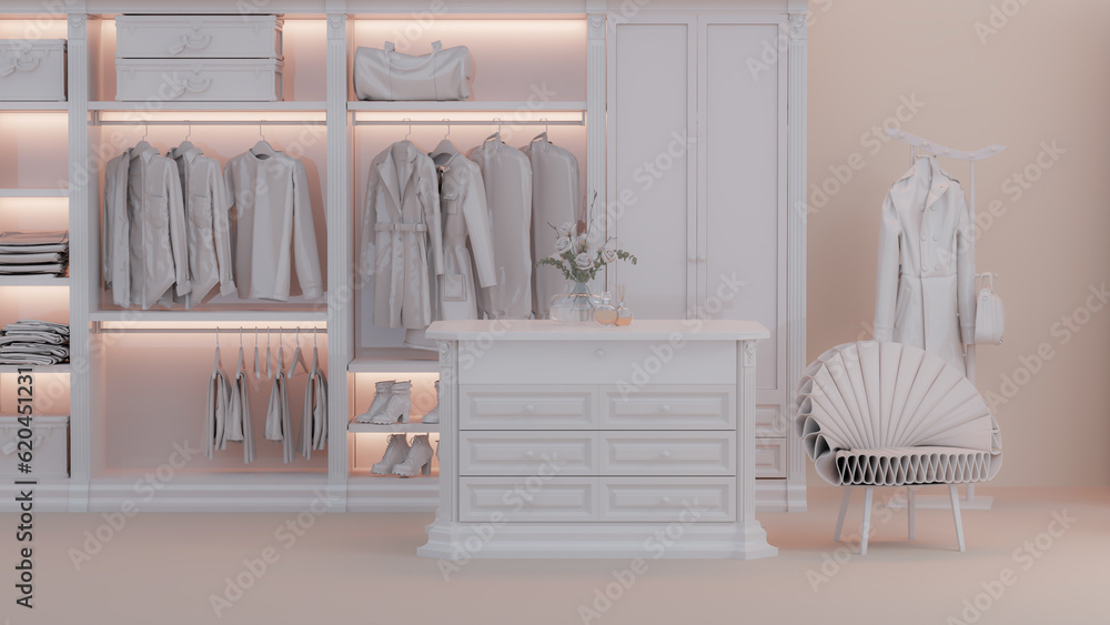 Beige walk in closet with wardrobe. Clothes on a hanger, luxury ...