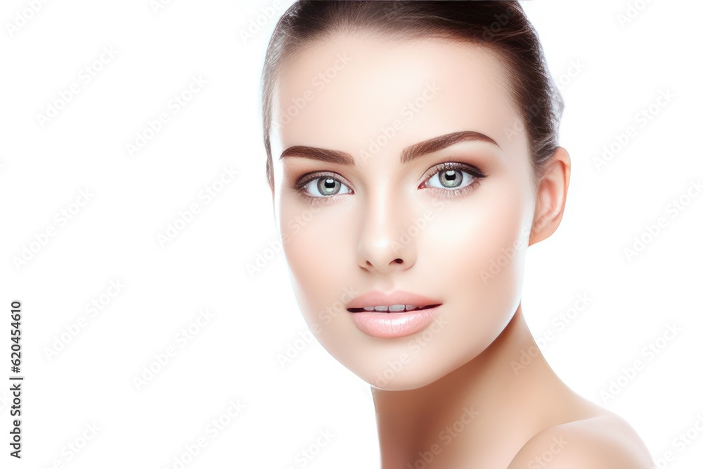 Beautiful face of a young woman with perfect health skin on light ...